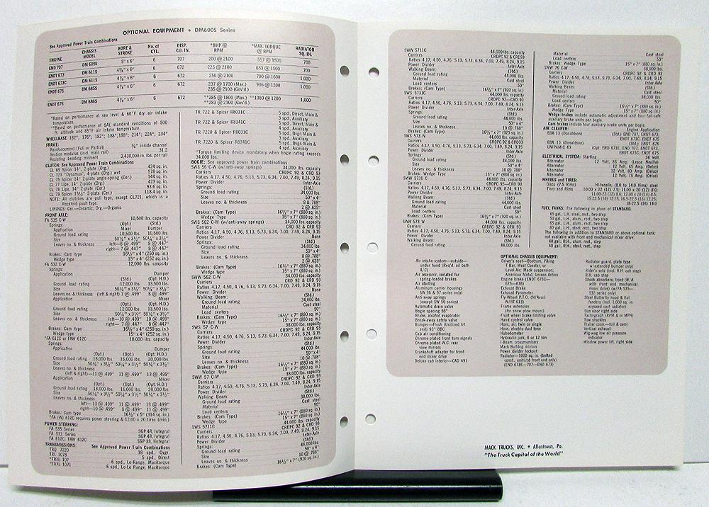 1974 Mack Truck Model DM 600S Specification Sheet