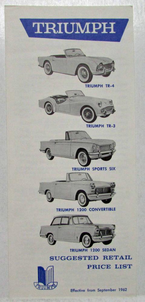 1963 Triumph Suggested Retail Price List Effective September 1962