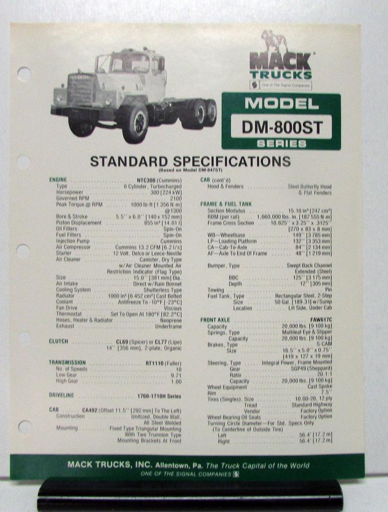 1981 Mack Truck Model DM 800ST Specification Sheet