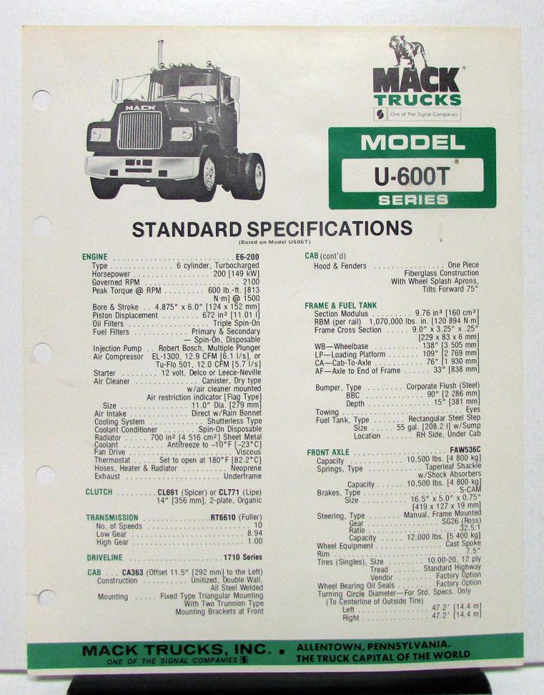 1981 Mack Truck Model U 600T Specification Sheet