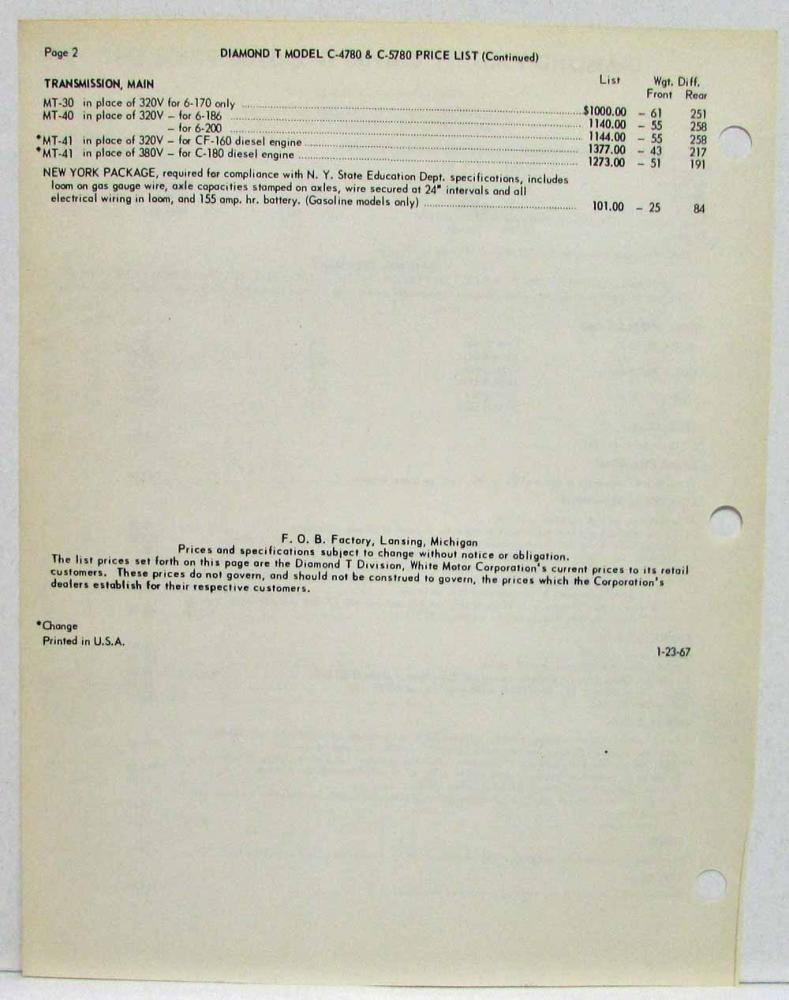 1967 Diamond T Pusher Transit Bus Series Spec Sheet and Price List