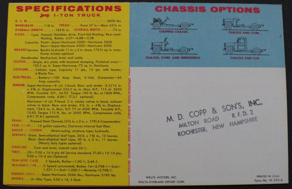 1952 Jeep 1 Ton 4 Wheel Drive Truck Willys Color Brochure Original ...
