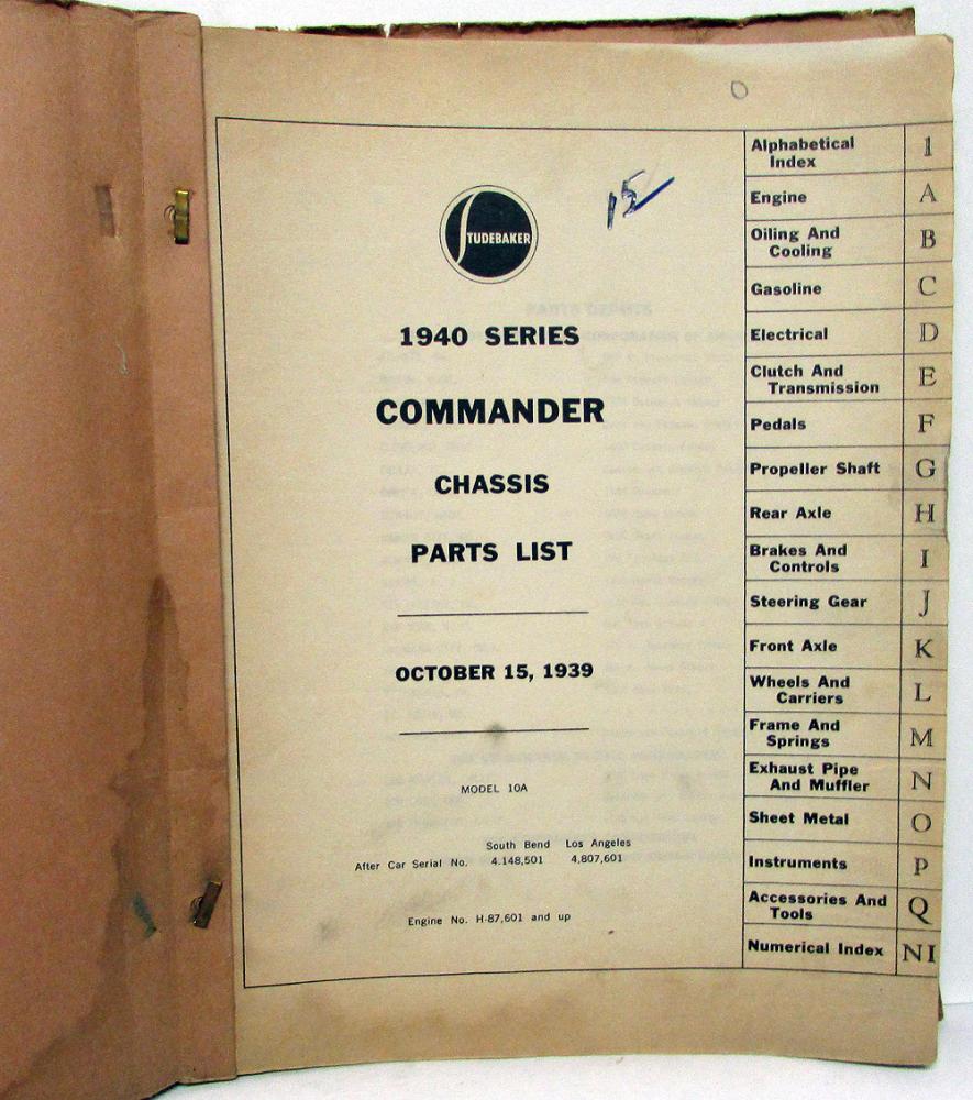 1940 Studebaker Commander Dealer Chassis Parts Catalog Book Model 10A ...