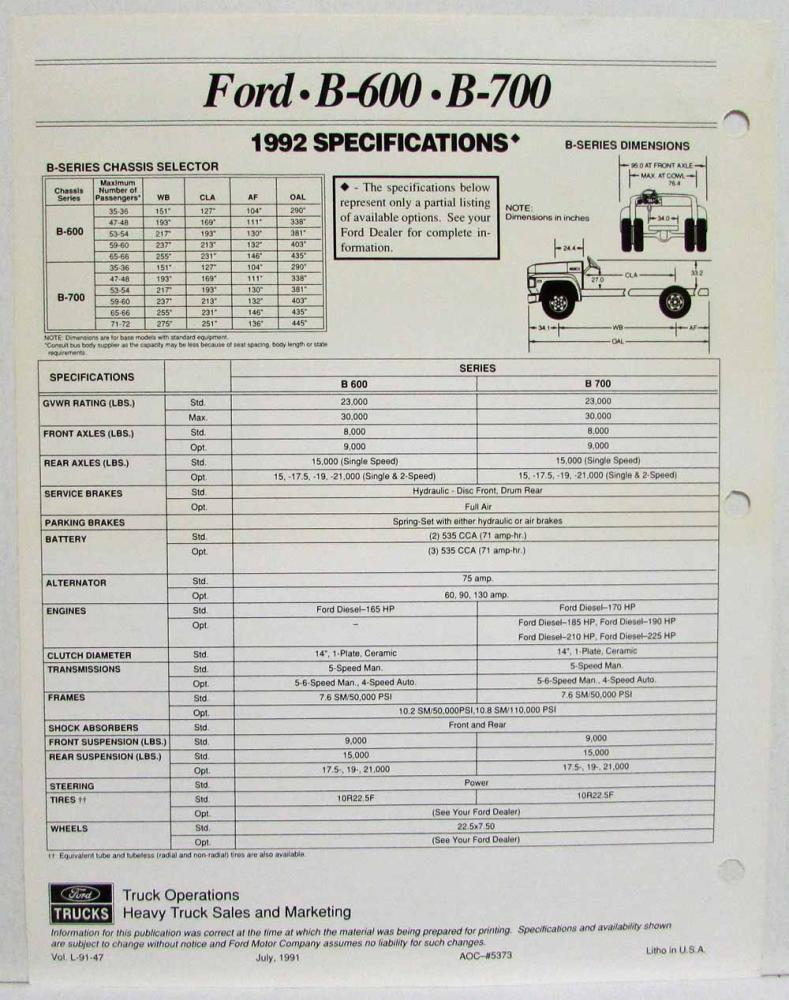 1992 Ford Truck B-Series School Bus Chassis Spec Sheet