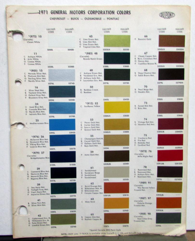 1971 GM Chevrolet Olds Pontiac Buick Cadillac Paint Chip Color Leaflets ...