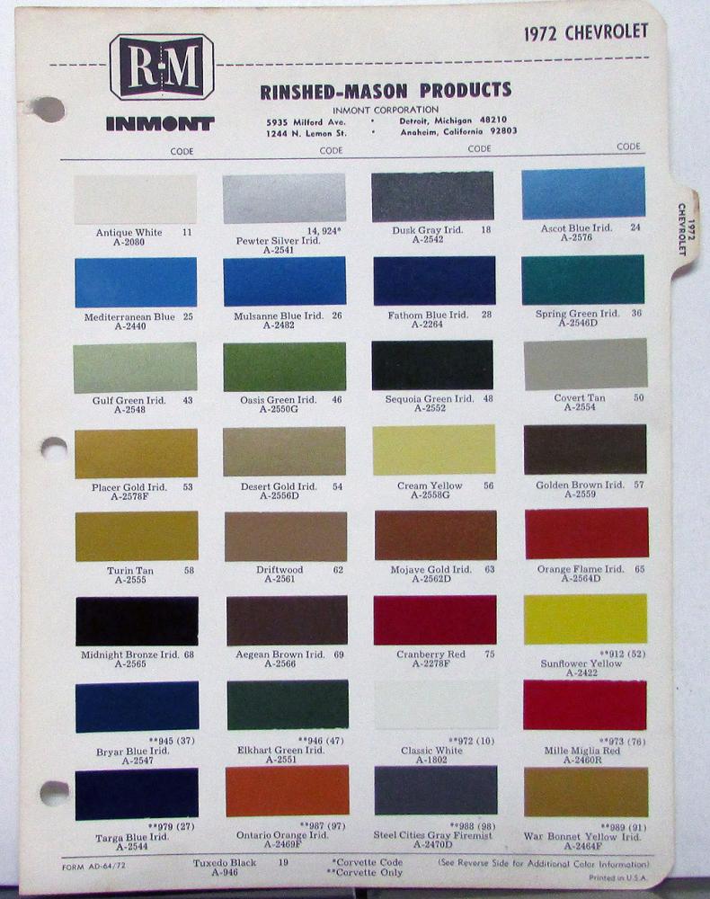 1972 Chevrolet Paint Chip Colors R M Inmont Paints Original