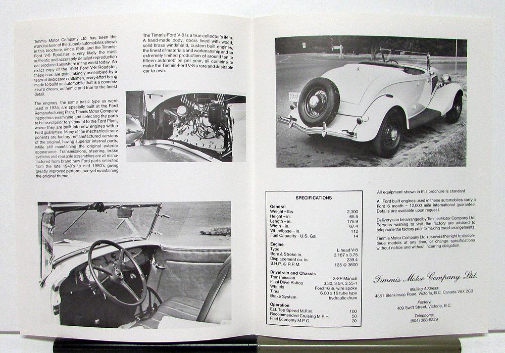 1980 Timmis Ford V8 Roadster Reproduction Sales Literature With Envelope