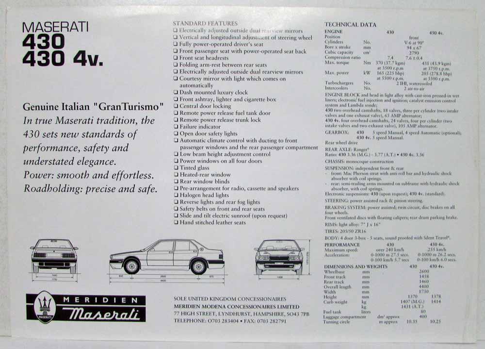 1991-1993 Maserati 430 & 4v Spec Sheet - UK Market