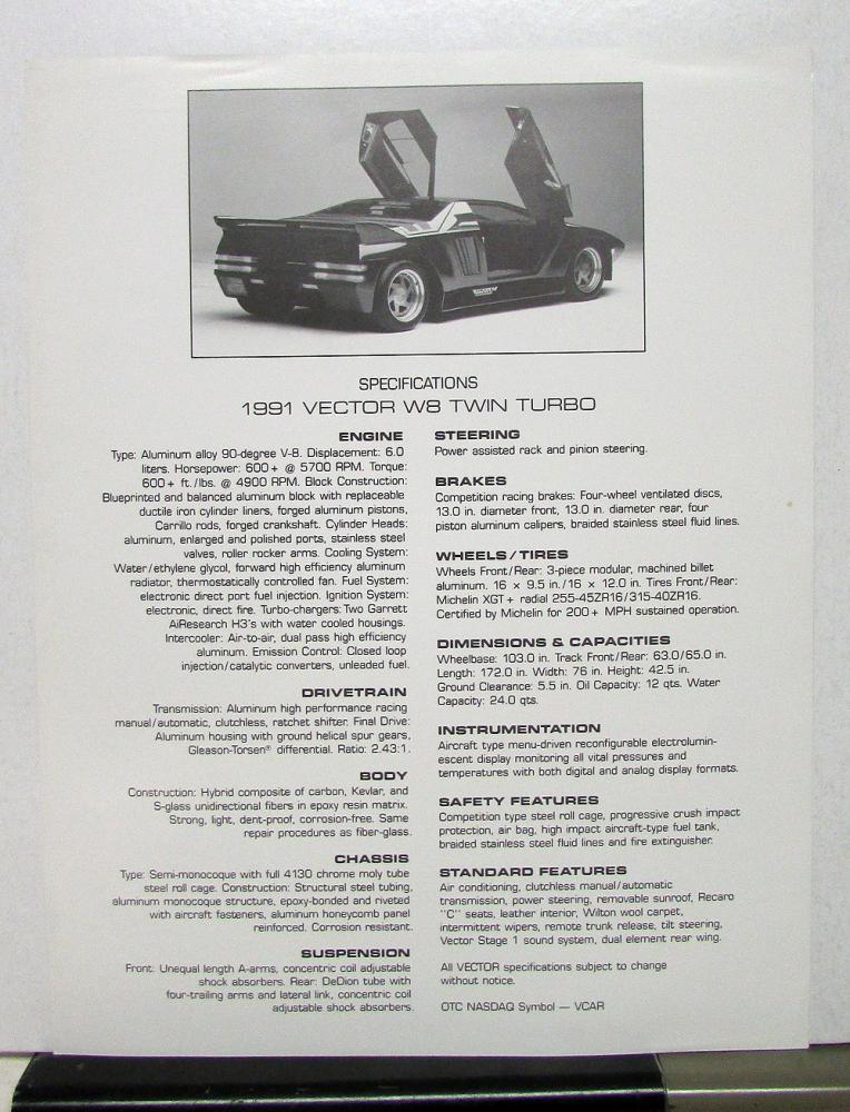 Vector W8 Specifications