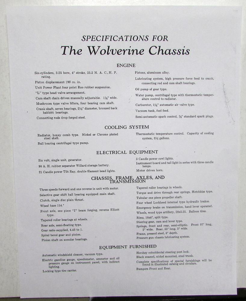 1927 REO Wolverine 6 Sedan Sales Brochure & Specifications Sheet