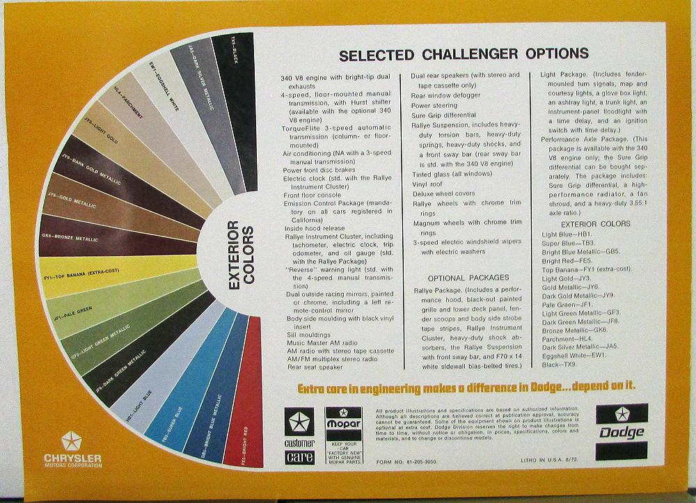 1973 Dodge Challenger Color Sales Folder Original Specs Equip Exterior ...
