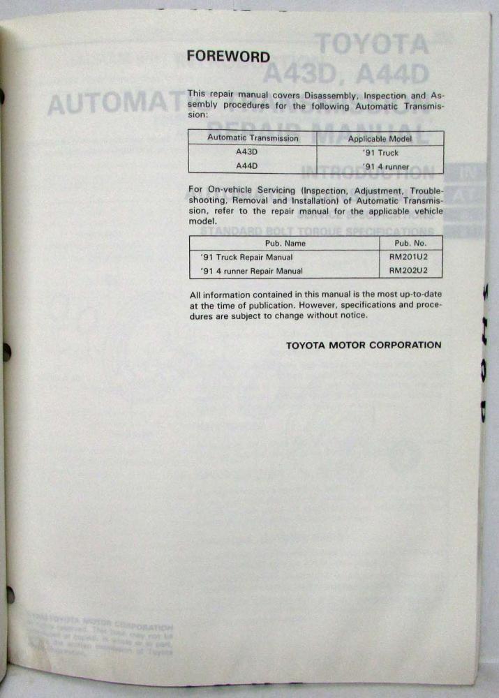 1991 Toyota Automatic Transmission Service Repair Manual A43D A44D ...
