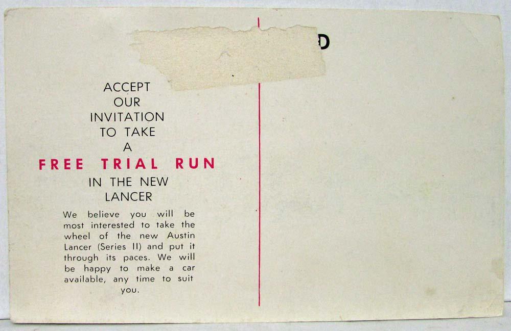 1959-1962 Austin Lancer Series II Postcard Mailer Invitation to Test Drive