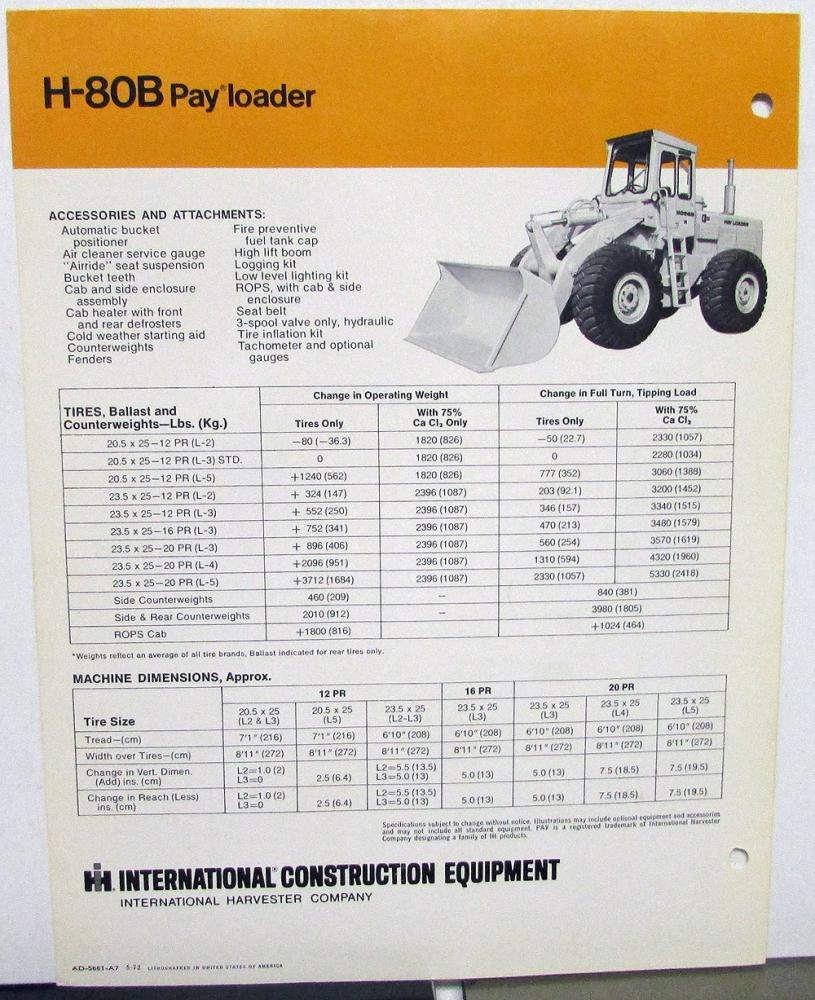 1972 International IH Dealer Brochure H80B Pay Loader Tractor Construction