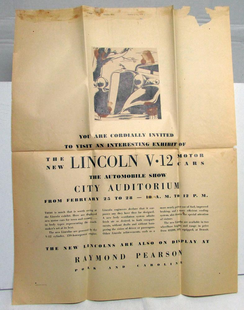 1934 Lincoln Ad Proof Newspaper V12 Exhibit At Auto Show Houston Post Large
