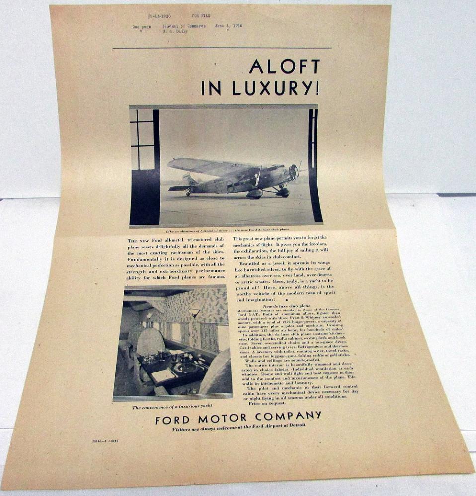 1930 Ford TriMotor Airplane Ad Proof Club Plane Aloft In Luxury Yacht ...