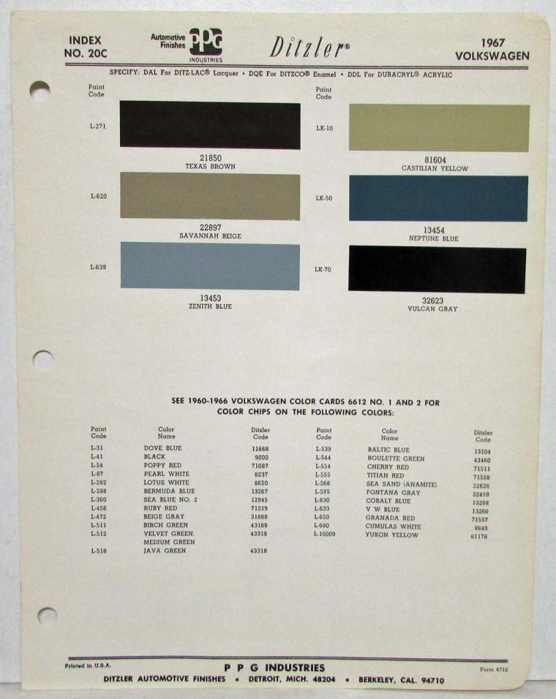 1967 Volkswagen Color Paint Chips by PPG Ditzler Index No 20C