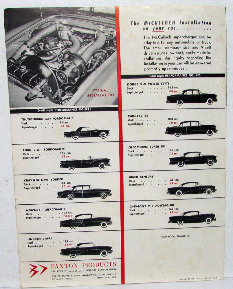 Mid 1950s Paxton McCulloch Supercharger Sales Brochure Ford Chevy Dodge ...