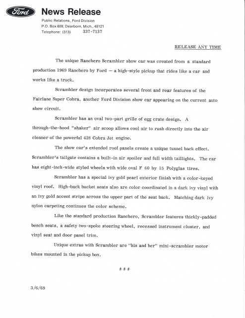 1969 Ford Ranchero Scrambler Concept Car Press Photo & Releases 0033