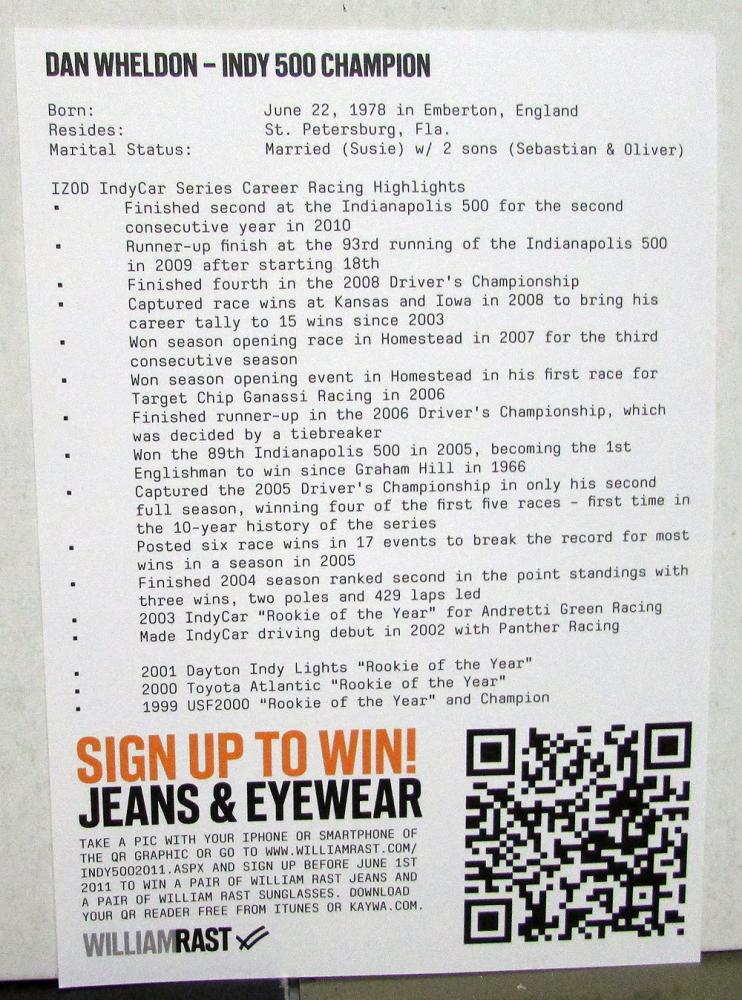 2011 Dan Wheldon #98 William Rast Racing Hero Pit Card Handout Signed ...