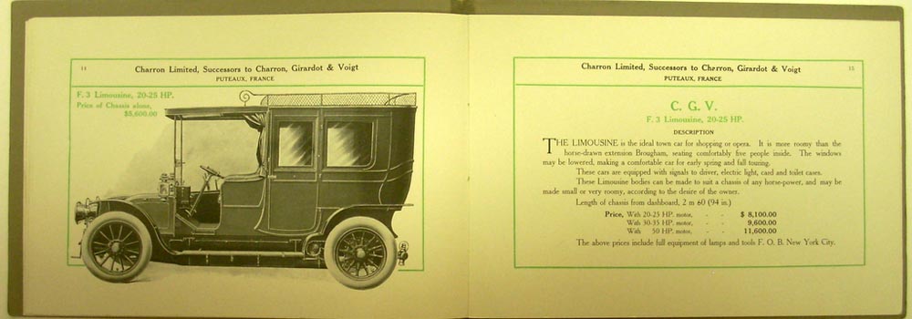 1907 CGV Charron Limited Prestige Sales Brochure Town Car Limousine ...