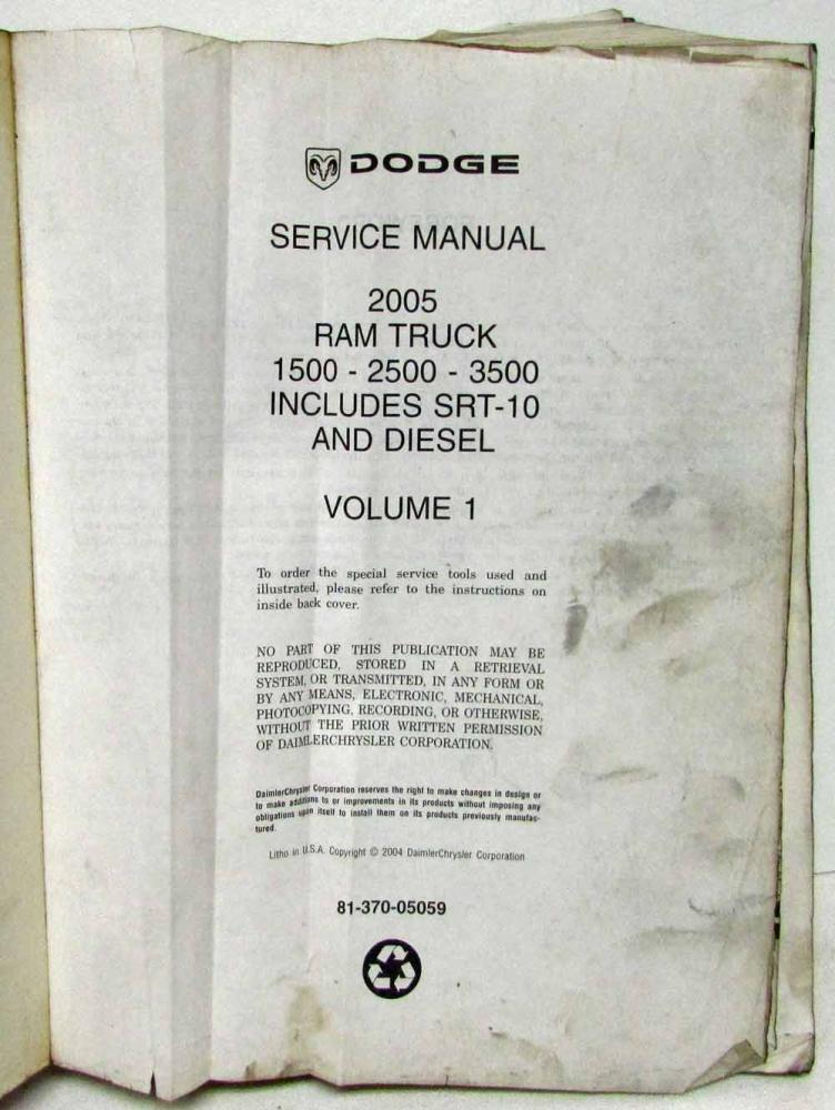 2005 Dodge Ram Truck 1500 2500 3500 Service Shop Manual 4 Vol Set SRT10 ...