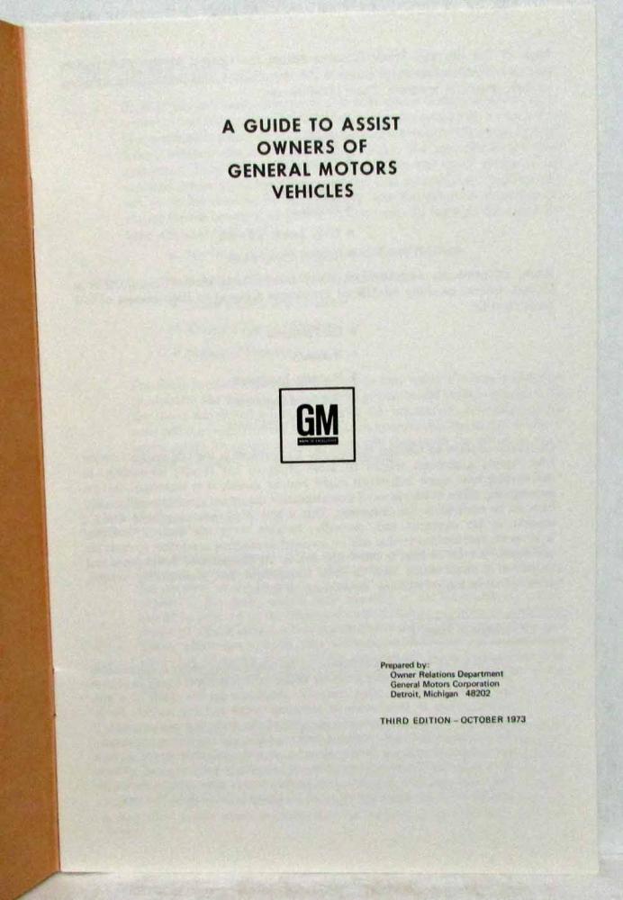 1973 GM Guide to Assist Owners of General Motors Vehicles Chevy Olds ...