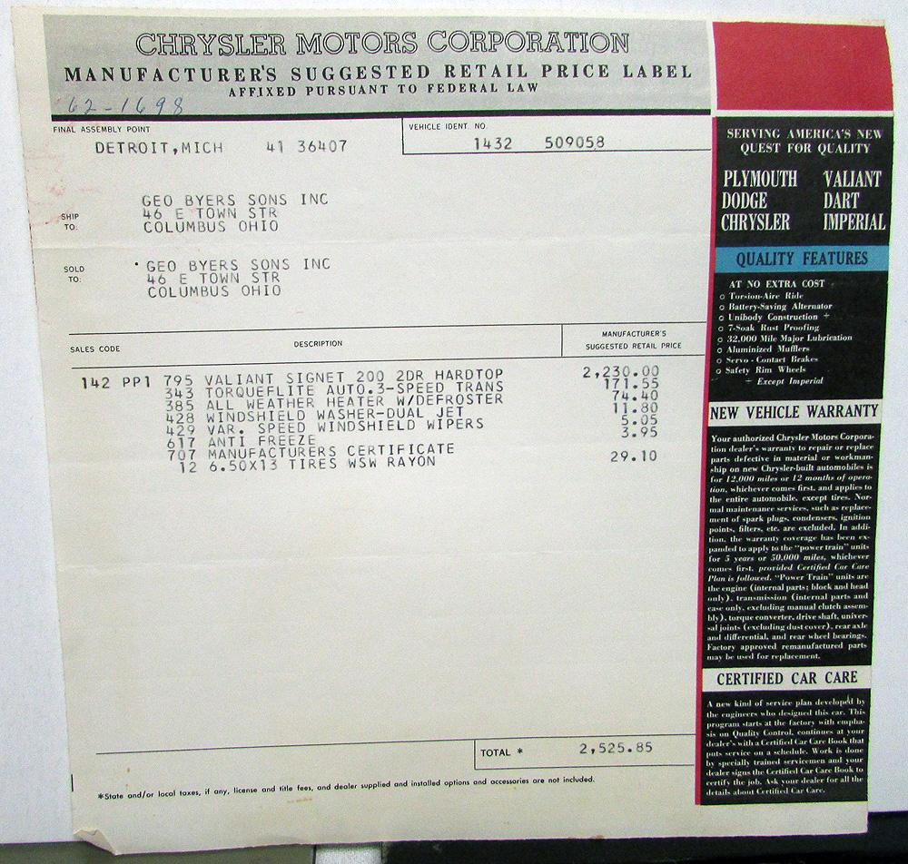 1963 Plymouth Valiant Signet 200 Window Sticker 2 Dr Hardtop MSRP Price ...