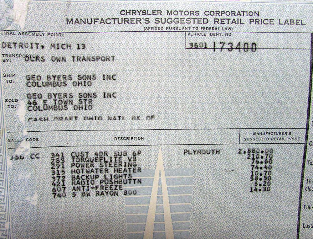 1960 Plymouth Custom Suburban Window Sticker 4 Door 6 Passenger MSRP ...
