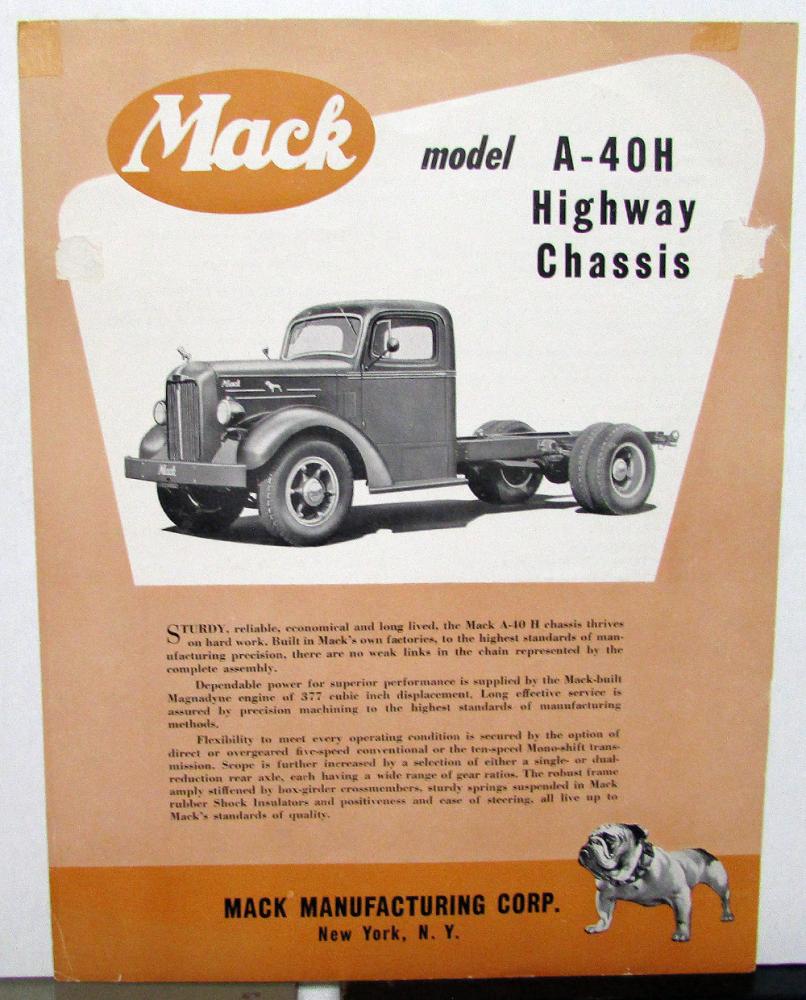 1951 Mack Truck Dealer Model A-40H Highway Chassis Data Specifications ...