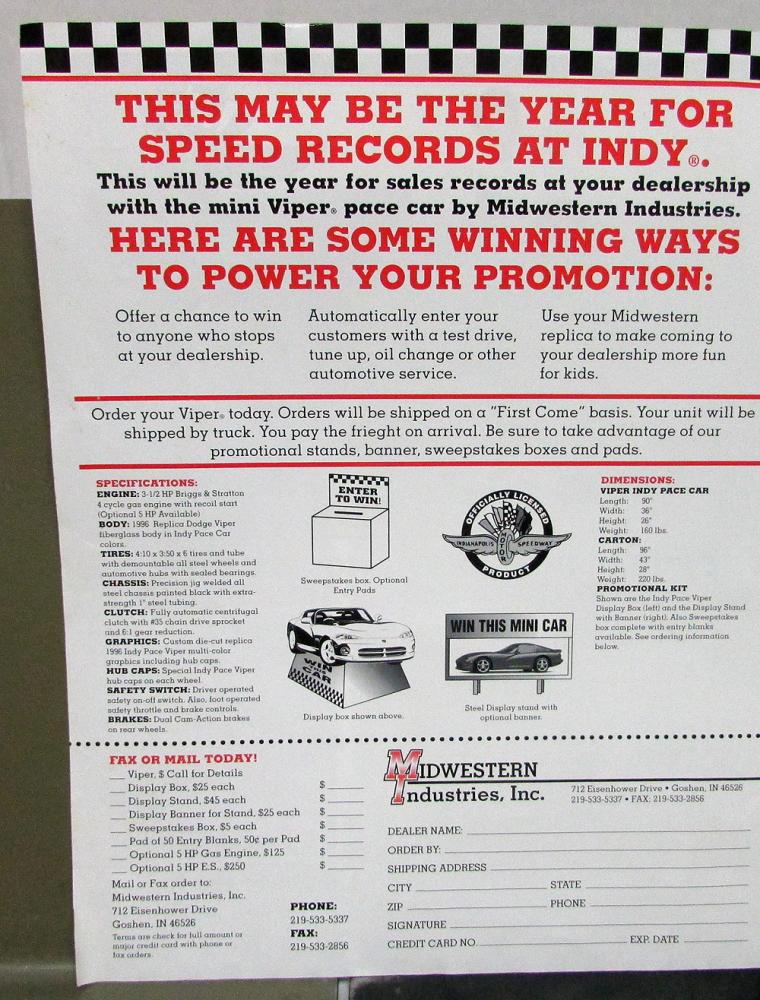 1996 Dodge Viper Indy 500 Pace Car Go Cart Mini Car Dealer Promotion Flyer
