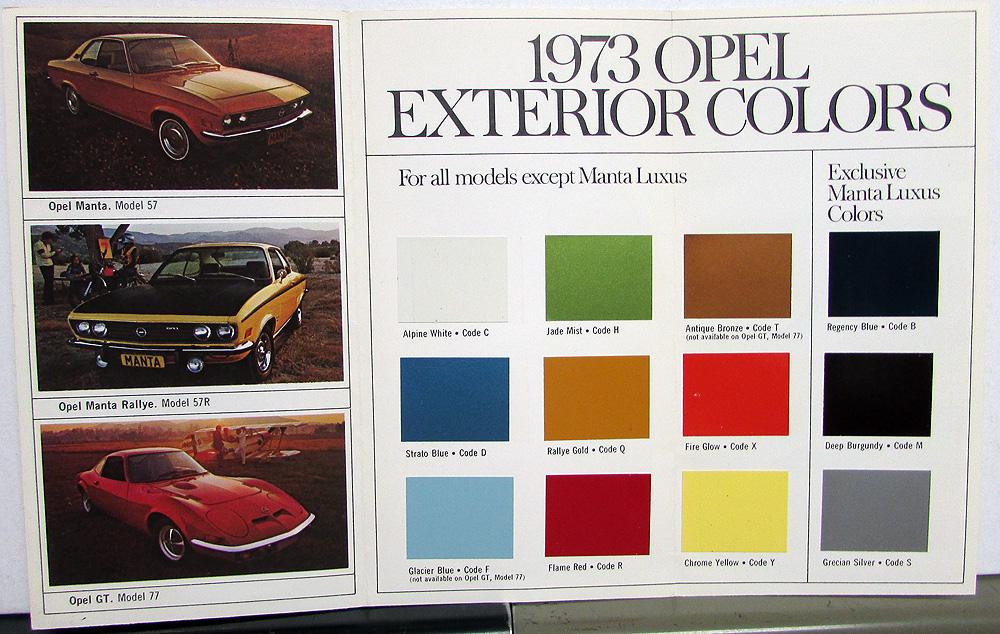 1973 Opel Dealer Sales Brochure Folder Color Options Paint Chips Manta ...