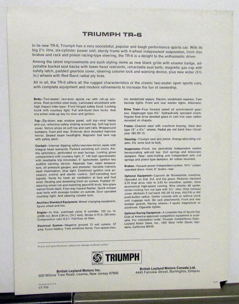 1970 Triumph Dealer Sales Data Sheet Handout TR6 Features Options Specs
