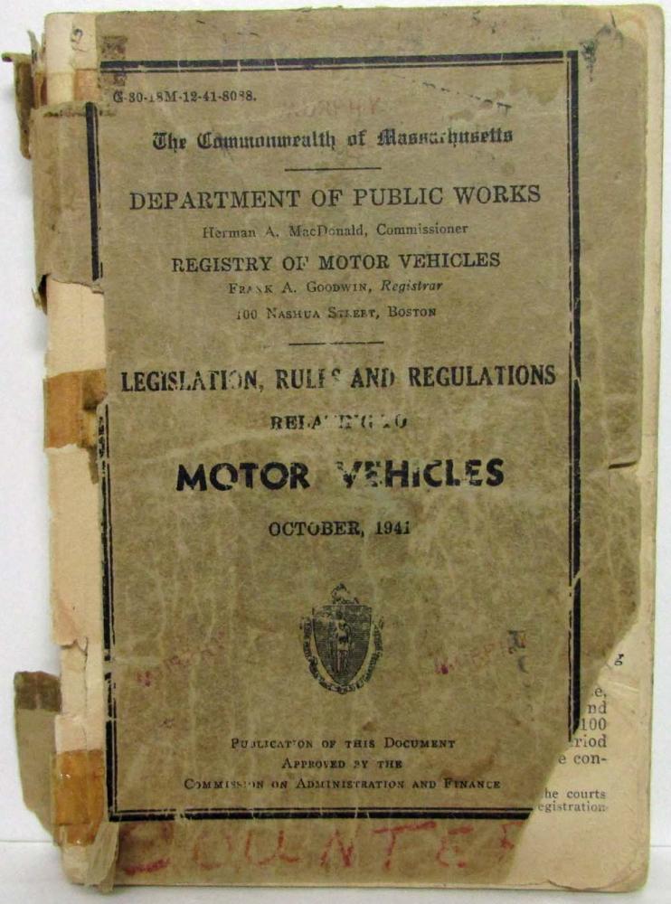 1941 Massachusetts Legislation Rules & Regulations Related to Motor ...