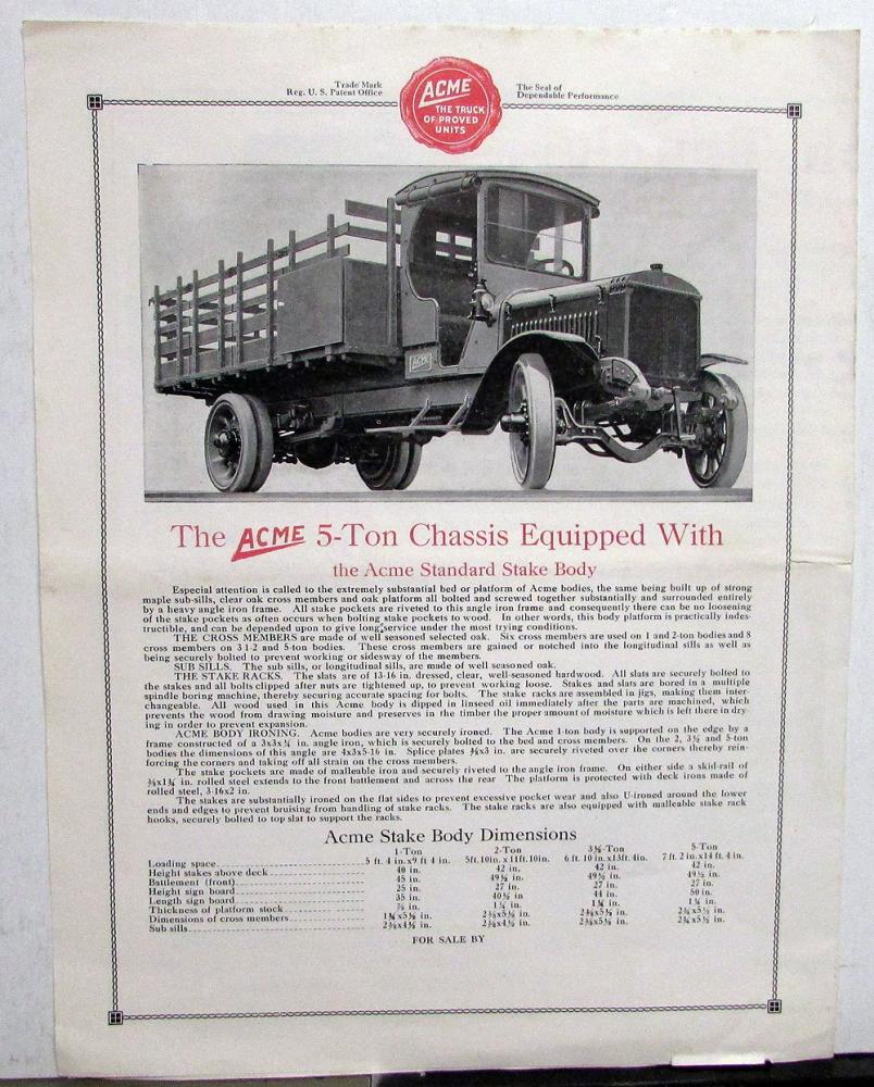 1918 ACME Motor Trucks Sales Brochure Model E 5 Ton Chassis Features ...