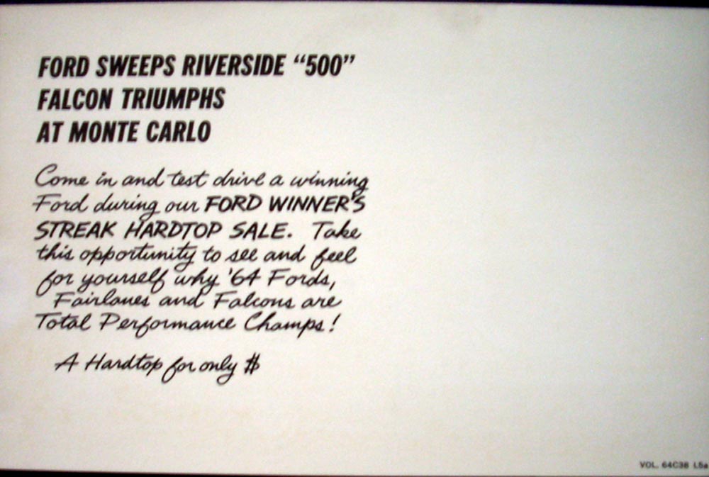 Original 1964 Ford Total Performance Galaxie 500 XL Oversized Postcard