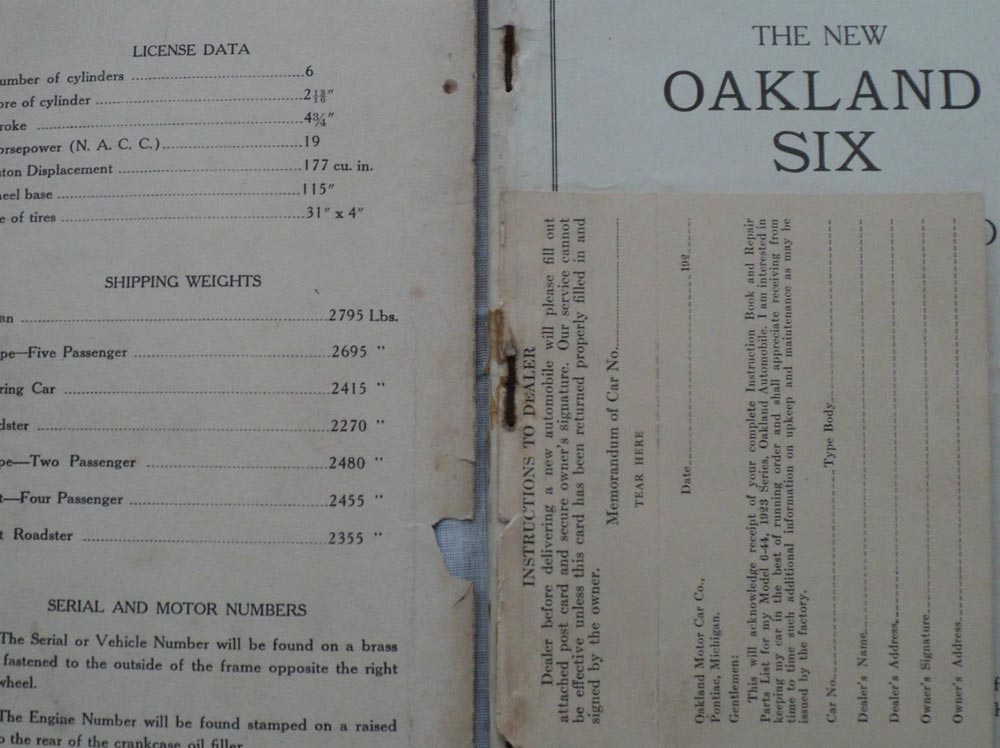1923 Oakland Six Model 6-44 Instruction and Repair Parts List Book ...