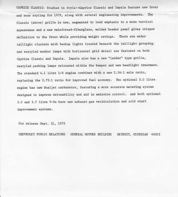 1979 Chevrolet Caprice Classic Press Photo and Release 0428