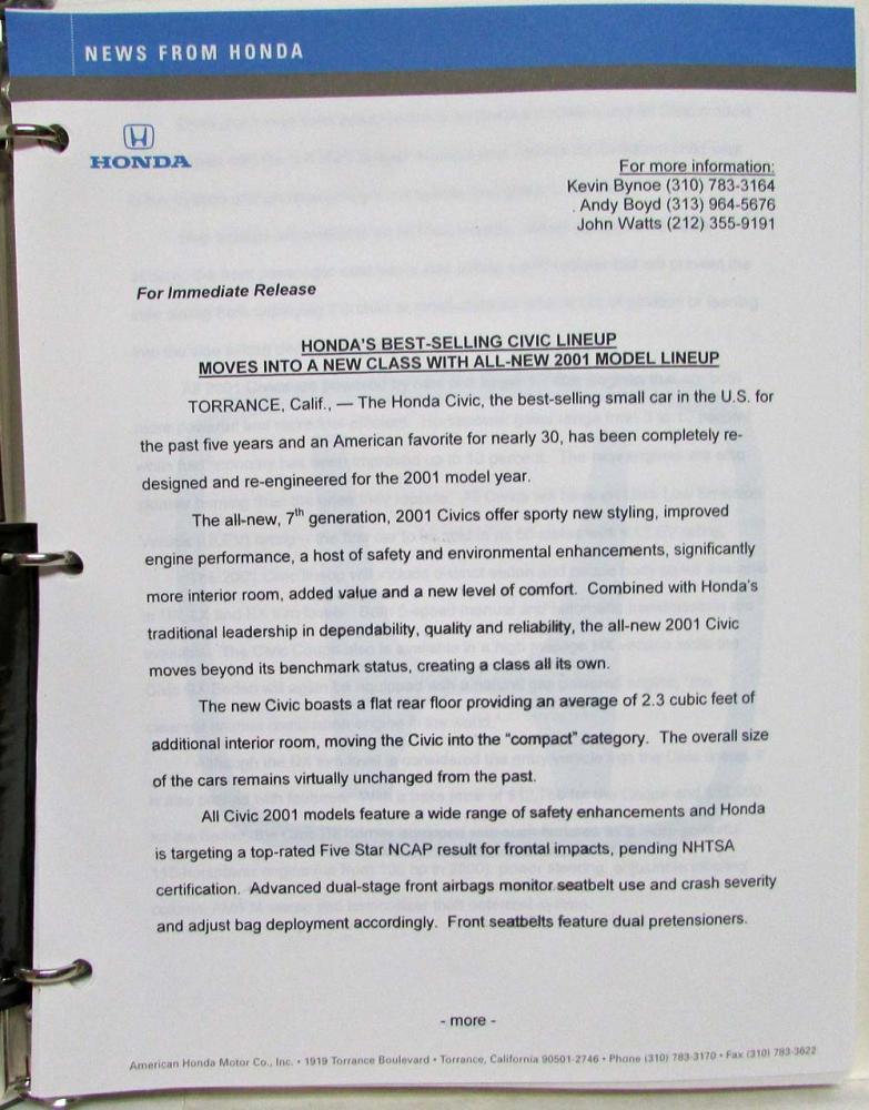 2001 Honda Full Line Press Kit - Civic Accord Insight CRV S2000 ...