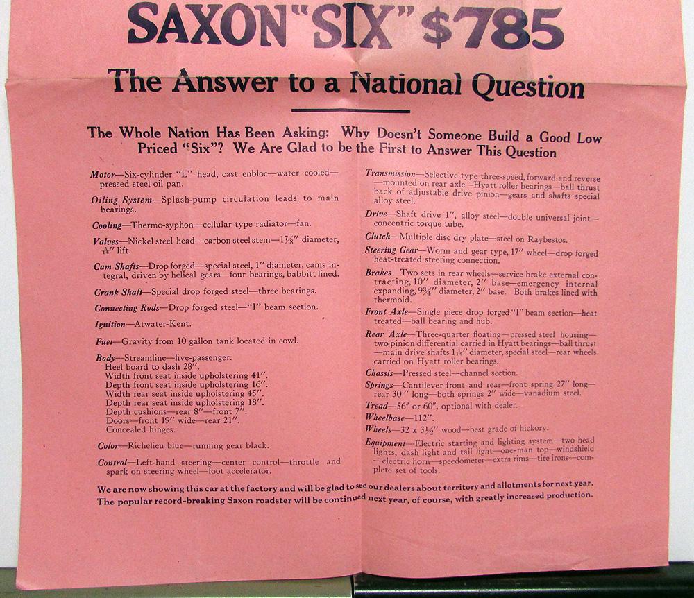 1916 Saxon Six Dealer Large Sales Flyer Poster Edition No 27 5 ...