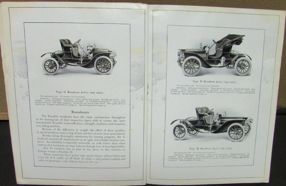 1907 Franklin Car D G H Runabouts Touring Town Carriages 4 & 6 Sale ...