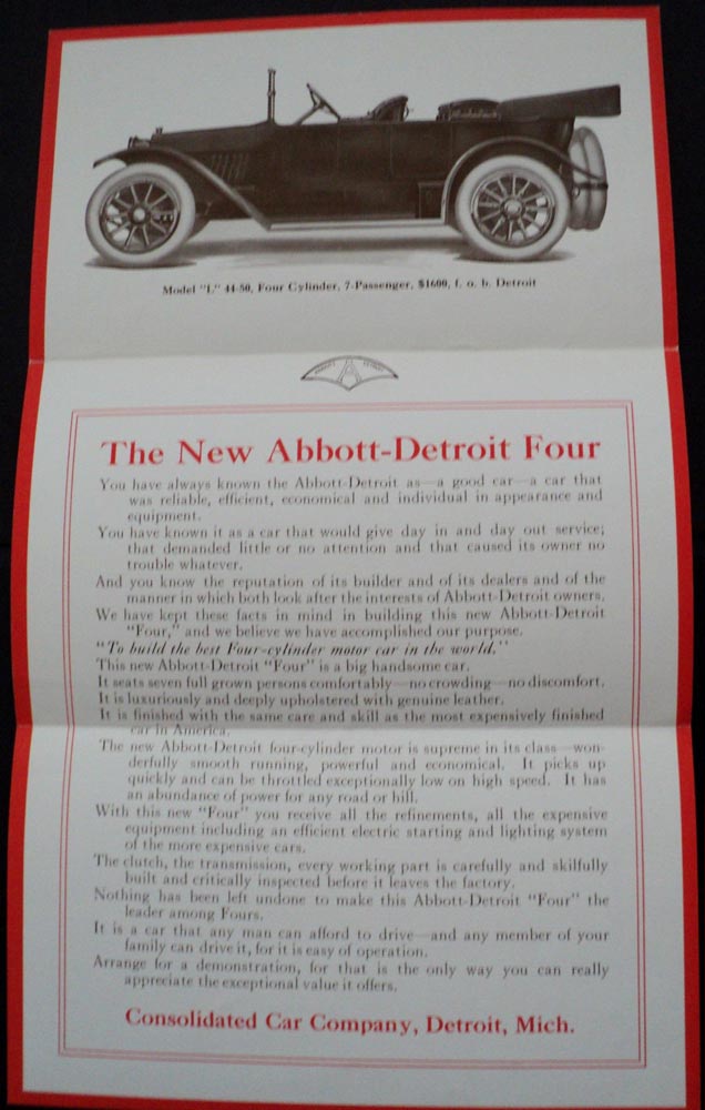 1916 Abbott Detroit Four Model L 44-50 Flyer Mailer Pre 1916 Brass Era ...