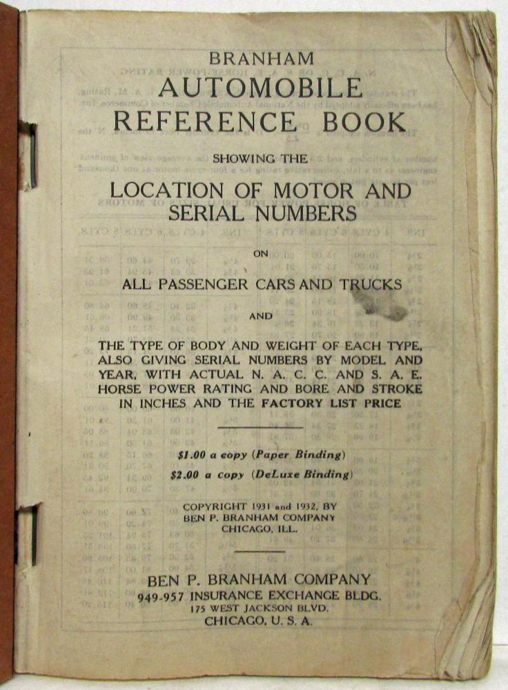 1932 Branham Automobile Reference Book Cord DeVaux Elcar Hupmobile