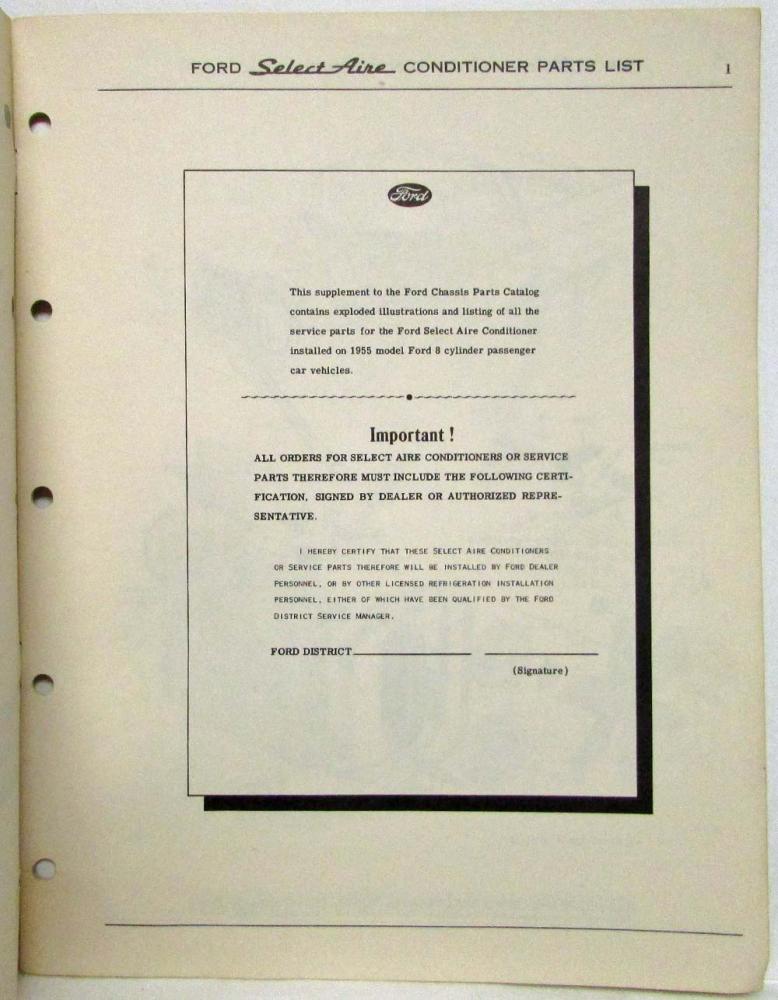 1955 Ford SelectAire Air Conditioner Parts List Supplement - A/C