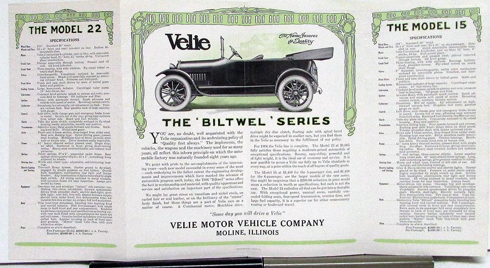 1916 Velie Model 15 & 22 Biltwel Six Series Sales Brochure Folder ...