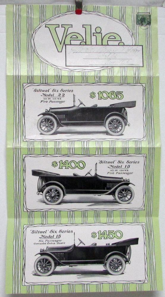 1916 Velie Model 15 & 22 Biltwel Six Series Sales Brochure Folder ...