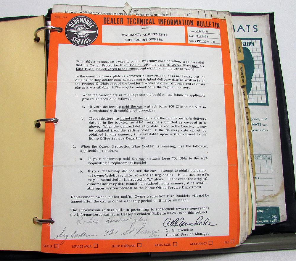 1964 Oldsmobile Dealer Technical Service Bulletins Set W/Binder Repair ...
