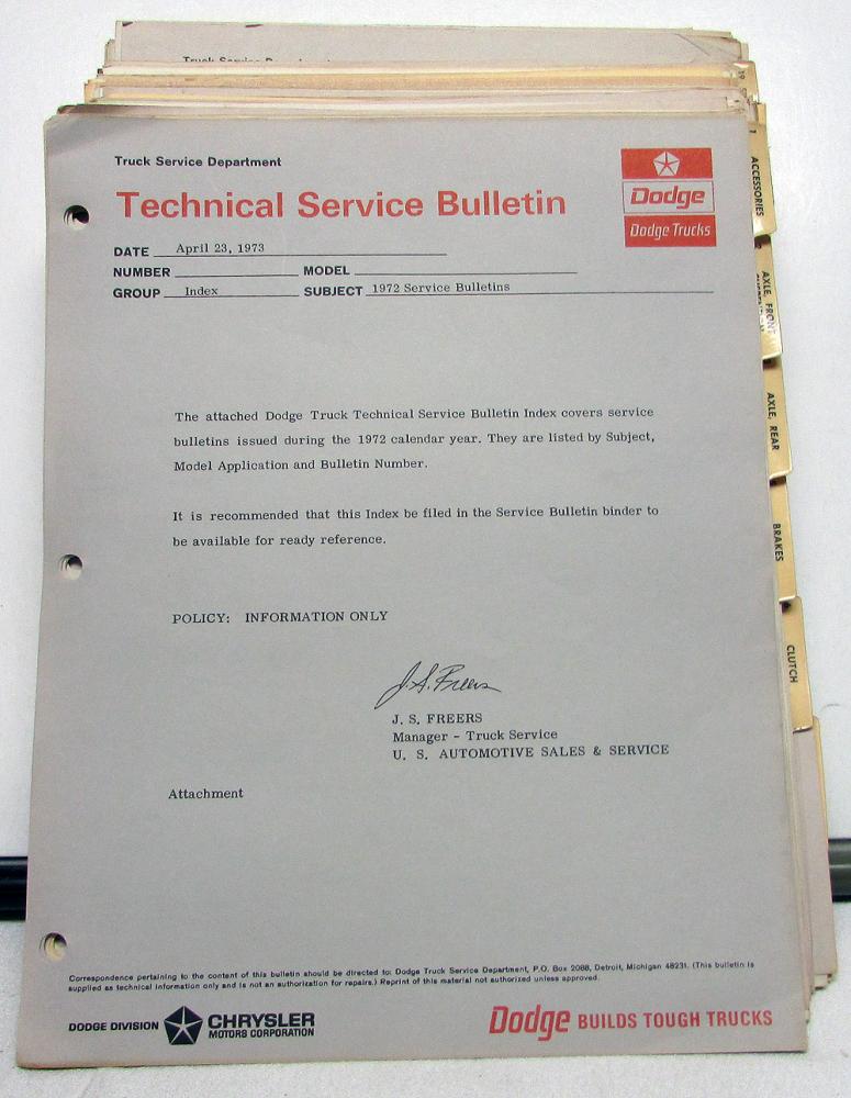 1969-1972 Dodge Trucks Dealer Technical Service Bulletins Set Organized ...