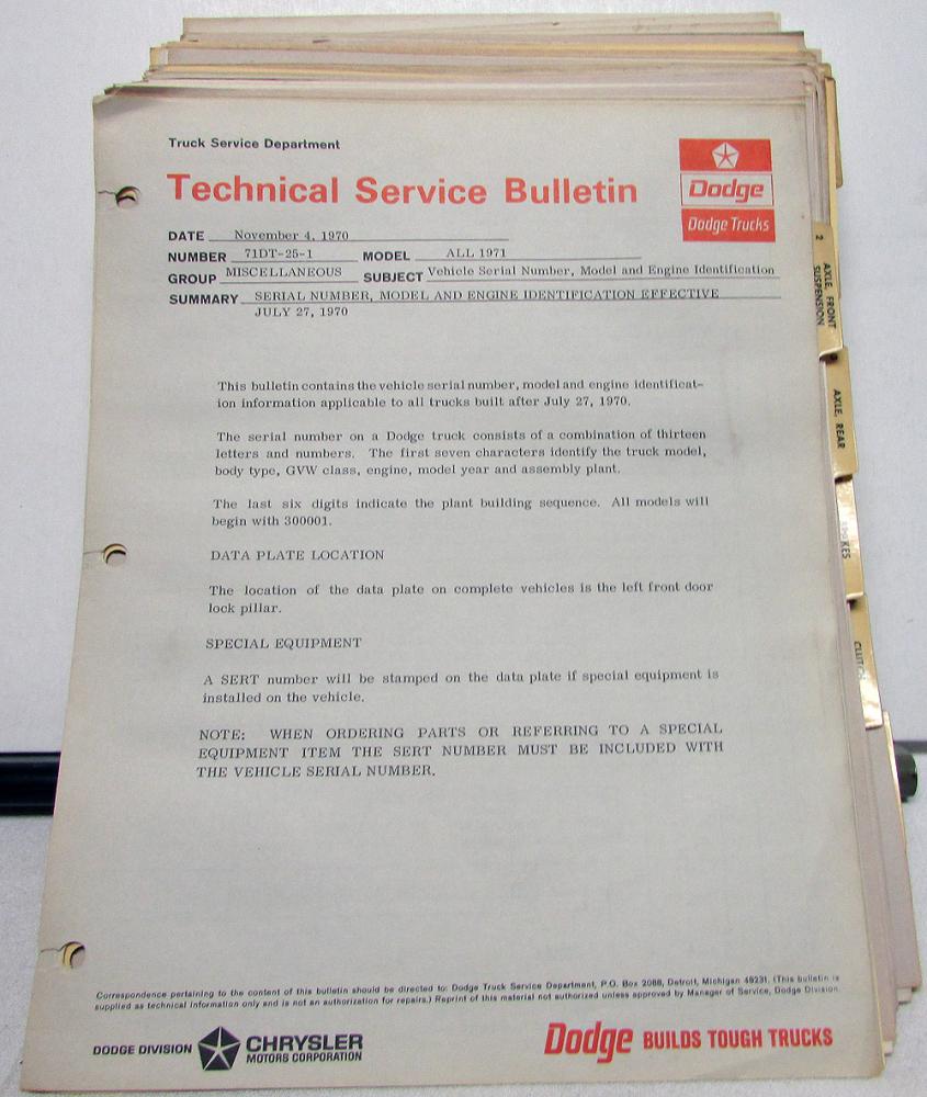 1969-1972 Dodge Trucks Dealer Technical Service Bulletins Set Organized ...