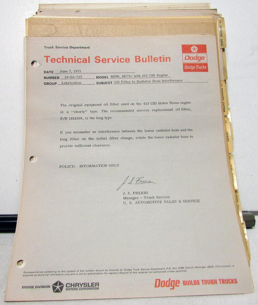 1969-1972 Dodge Trucks Dealer Technical Service Bulletins Set Organized ...
